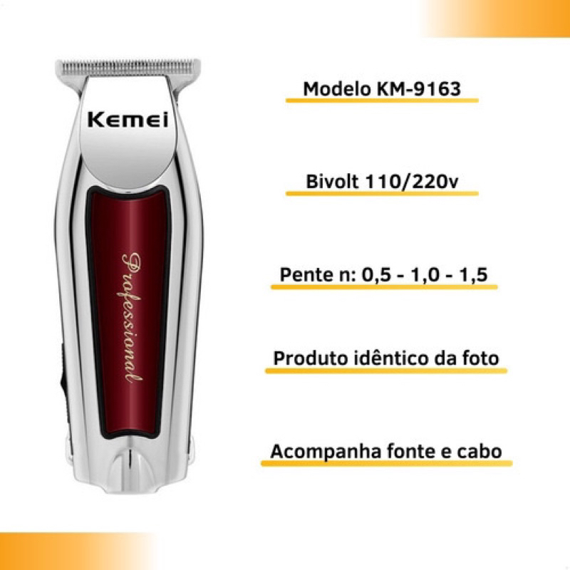 Máquina De Acabamento Barbearia Barba Cabelo Bigode Profissional Kemei Km-9163 | Shopee Brasil