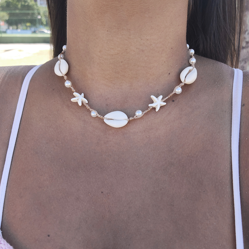 Colar choker de búzios estrelas pérolas conchas artesanal praiano ...