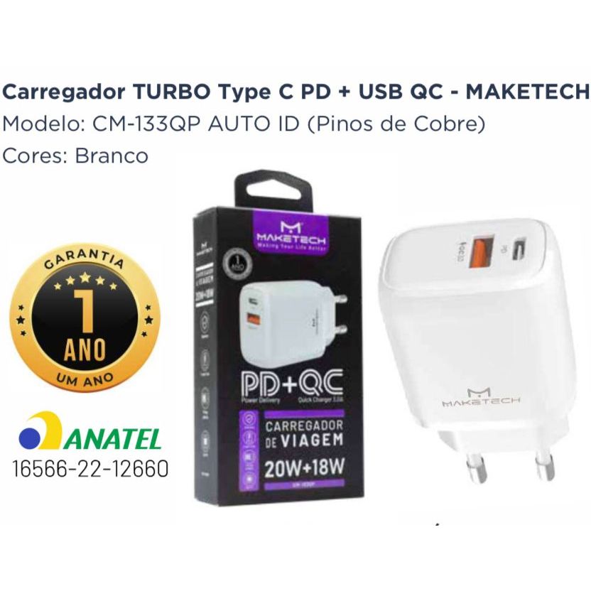 kit Carregador Completo ou Tomada Fonte PD USB C TURBO QC 20w 15w 12w ...