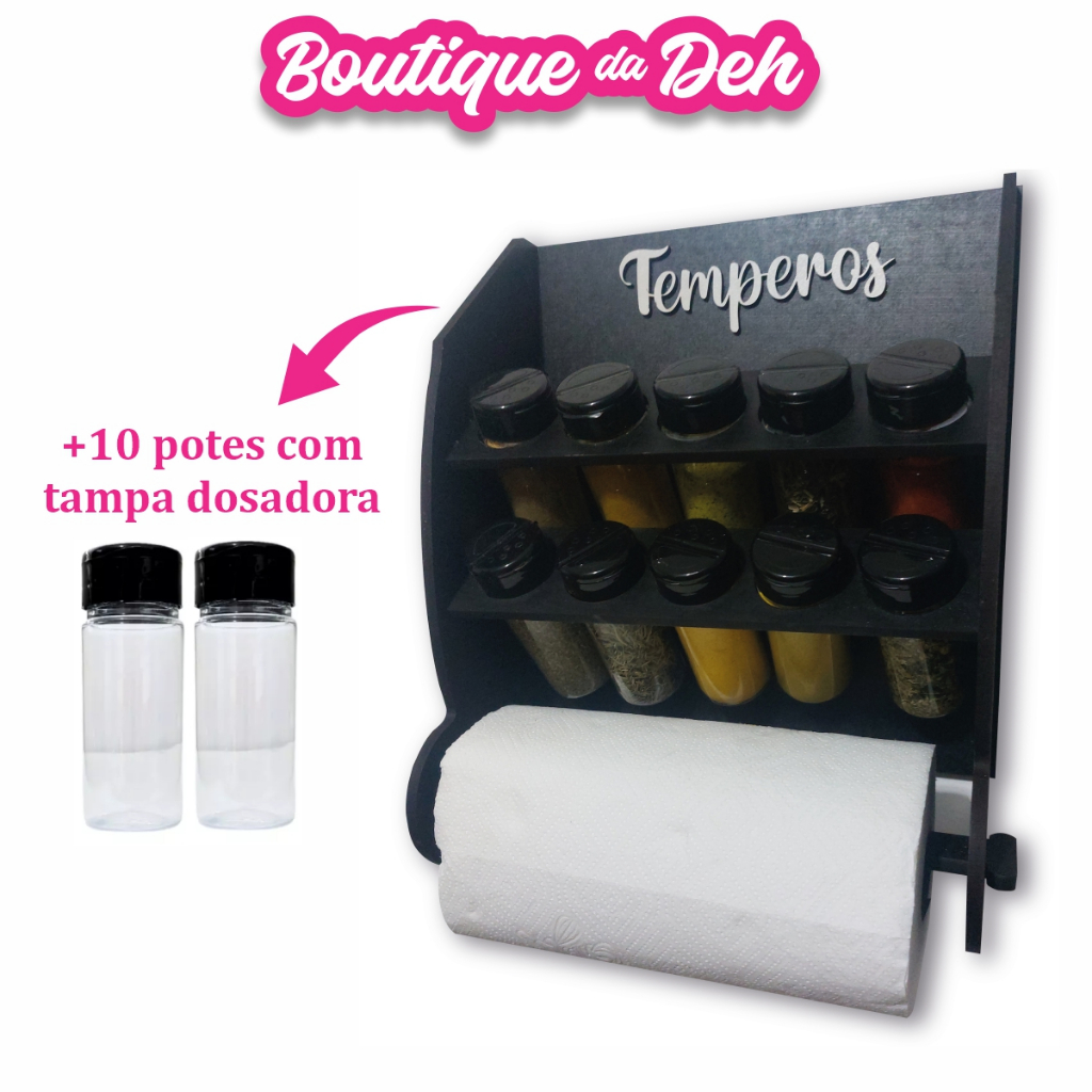 Porta Temperos Condimentos de Parede + Kit 10 Potes com Tampa Dosadora ...