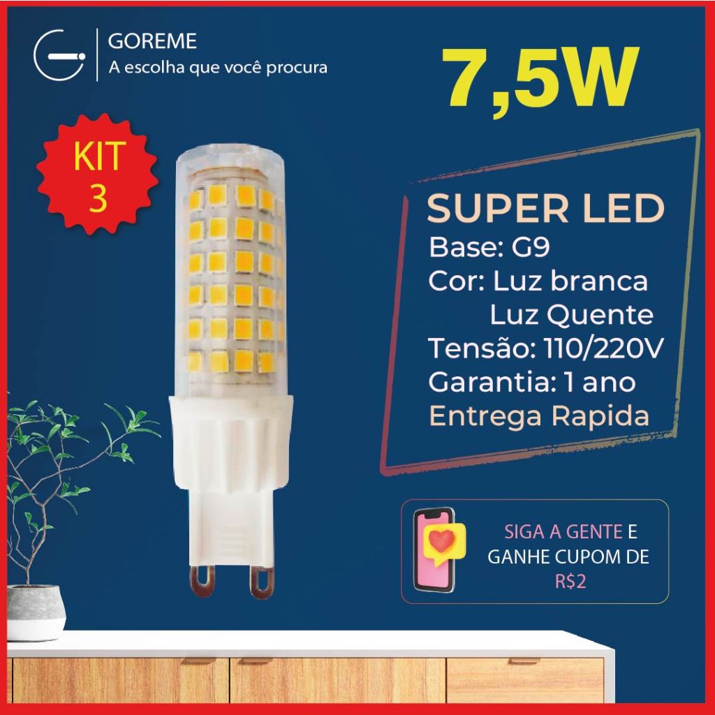 Kit 3 Lâmpada Led 7W G9 Halopin 110V / 220V | Branco Quente 3000K (Amarelo) / Branco Frio 6500K ...