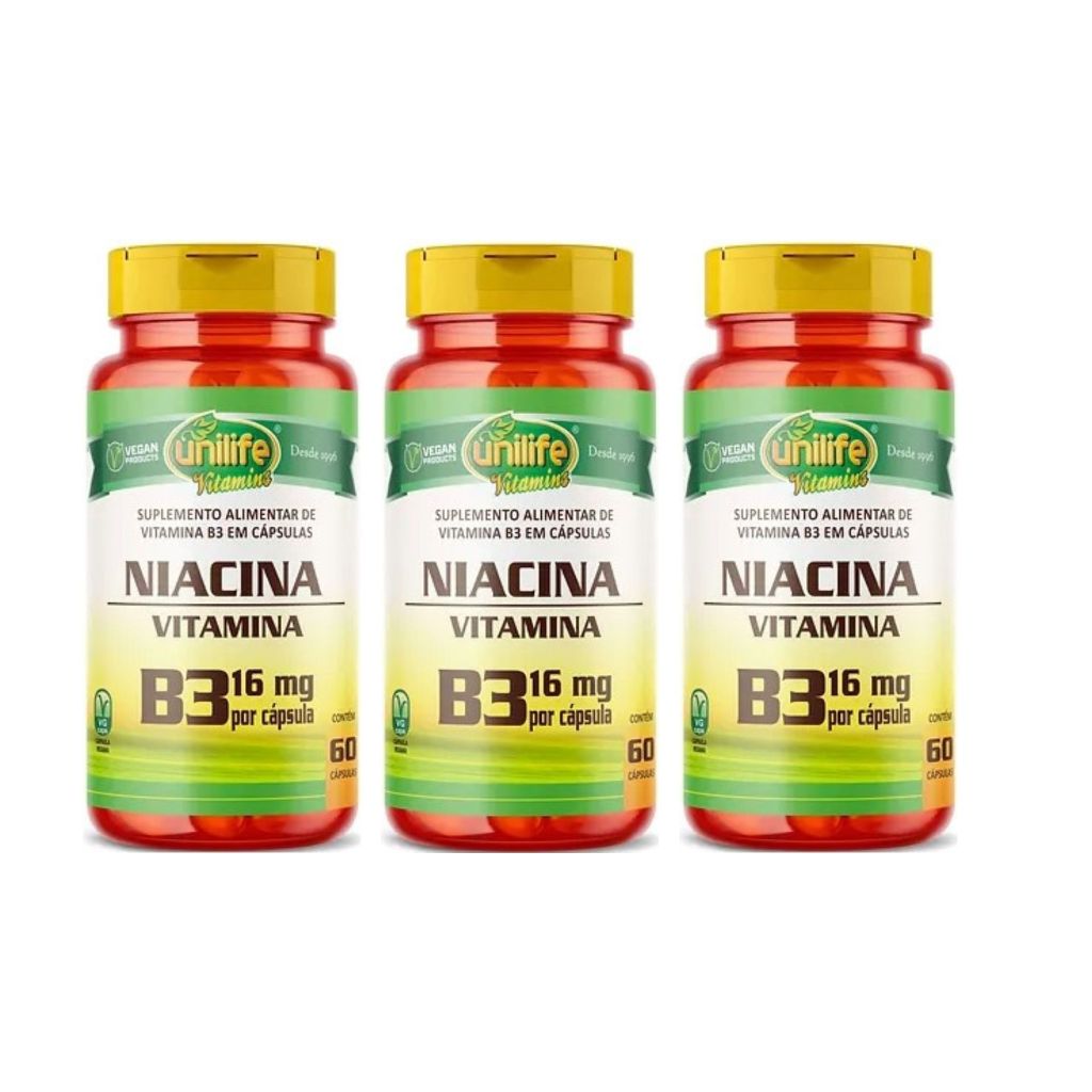 KIT C/3 Un Vitamina B3 Niacina Pura - 16mg de B3 por Cápsula - 60 Cápsulas Veganas - Unilife ...