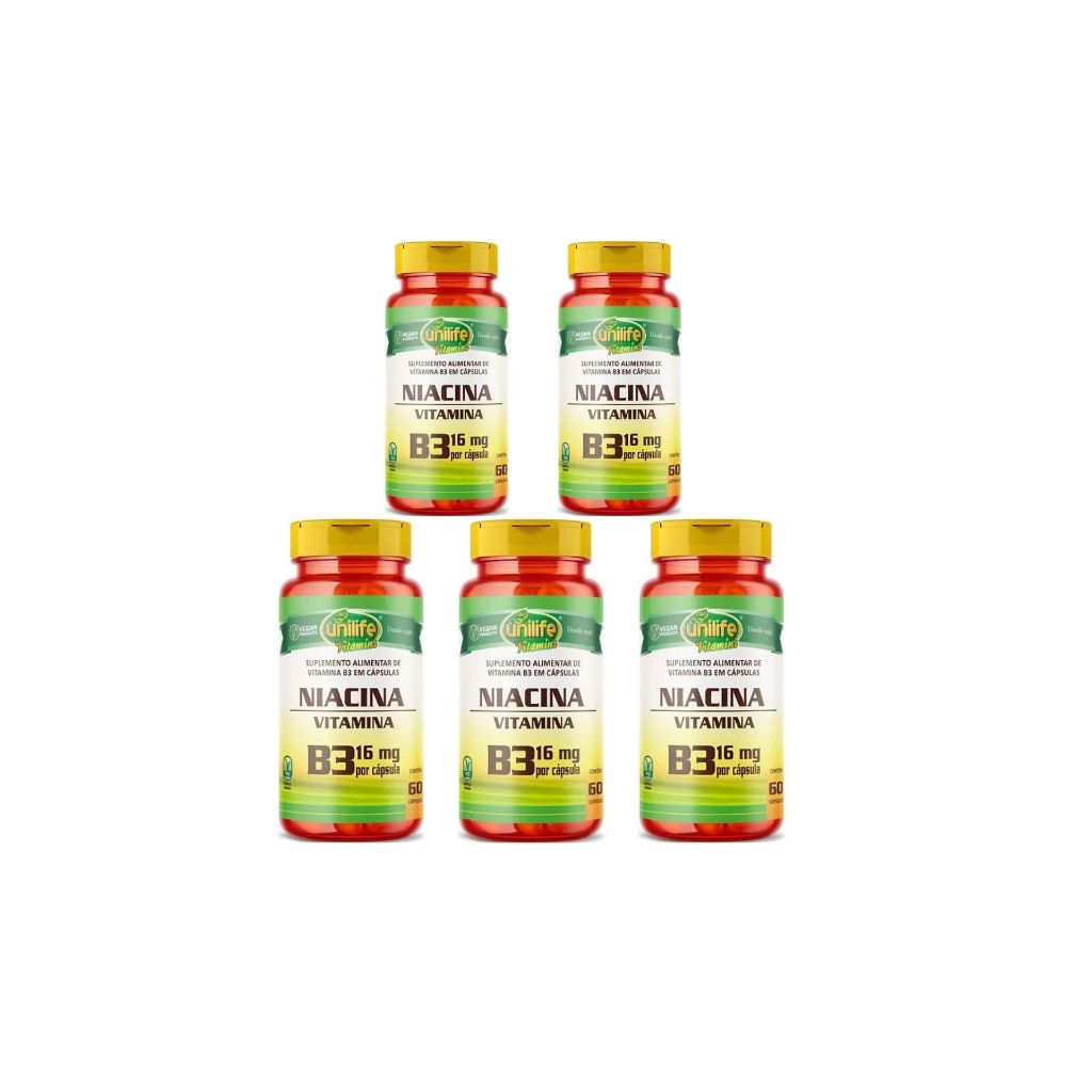 Kit 5 Unidades Vitamina B3 Niacina Pura - 16mg de B3 por Cápsula - 60 Cápsulas Veganas Unilife ...