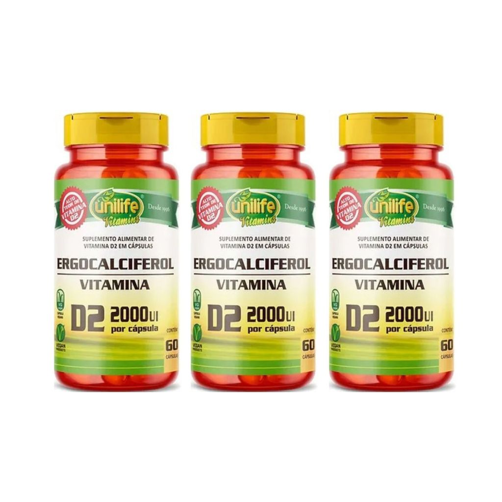 Kit com 3 Unidades Vitamina D2 Ergocalciferol 2000 Ui 470mg 180 ...