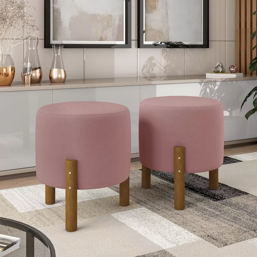 Kit 2 Puff Banquinho Decorativo Linho Luxo Pés Maciça - Várias Cores ...