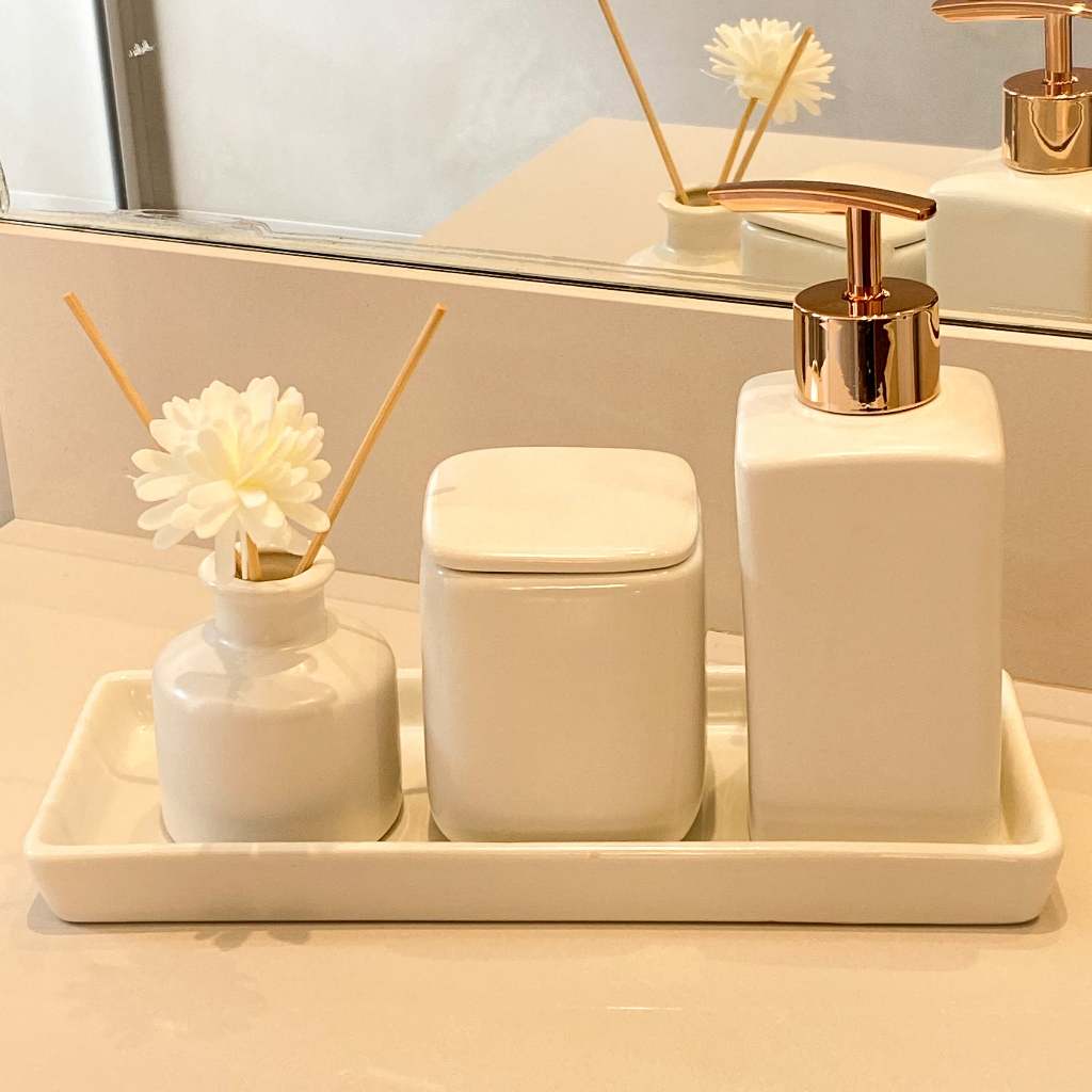 kit Jogo Banheiro Lavabo Porcelana Difusor Dispenser Sabonete Liquido ...