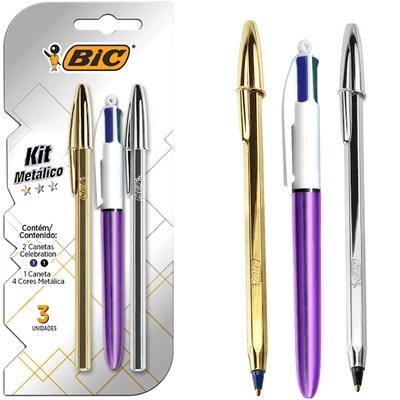 Kit Bic Metálico Caneta 4 em 1 + Celebration Luxo Dourada e Prata ...
