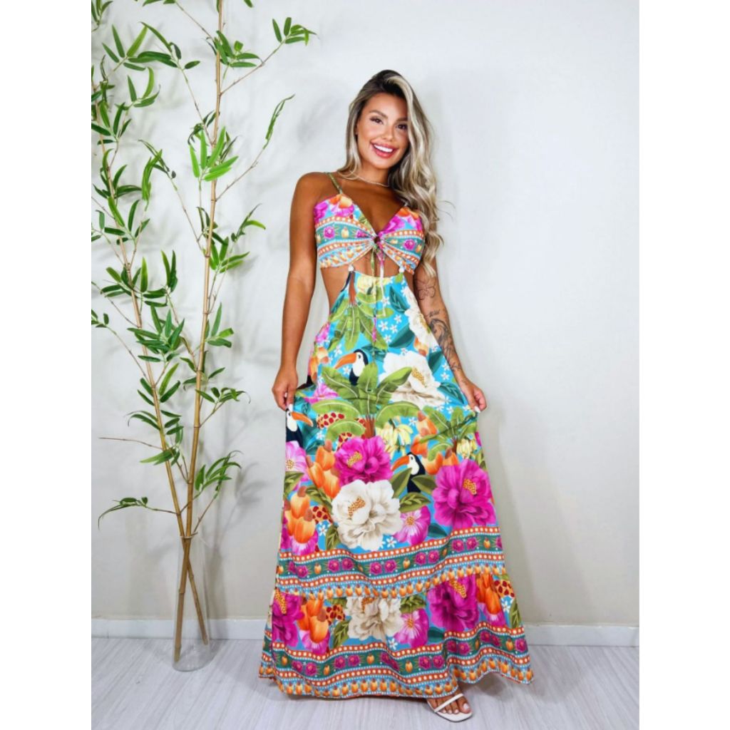 Vestido Longo Decotado Farm Tucano Costa Nua Feminino Florido Verão O ...
