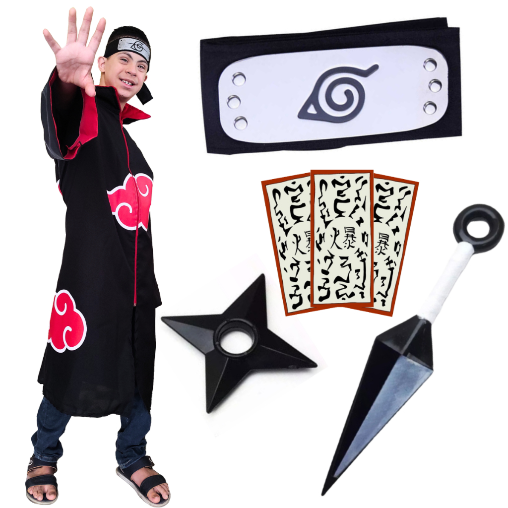 Manto Da Akatsuki Kit Completo Fantasia Naruto Bandana + Kunai ...