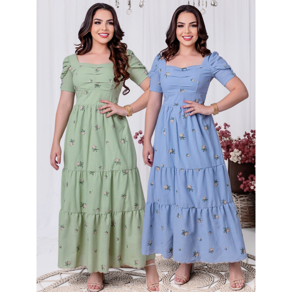 Vestido Longo Rodado Linho Elegante Luxo Manga Bufante | Shopee Brasil