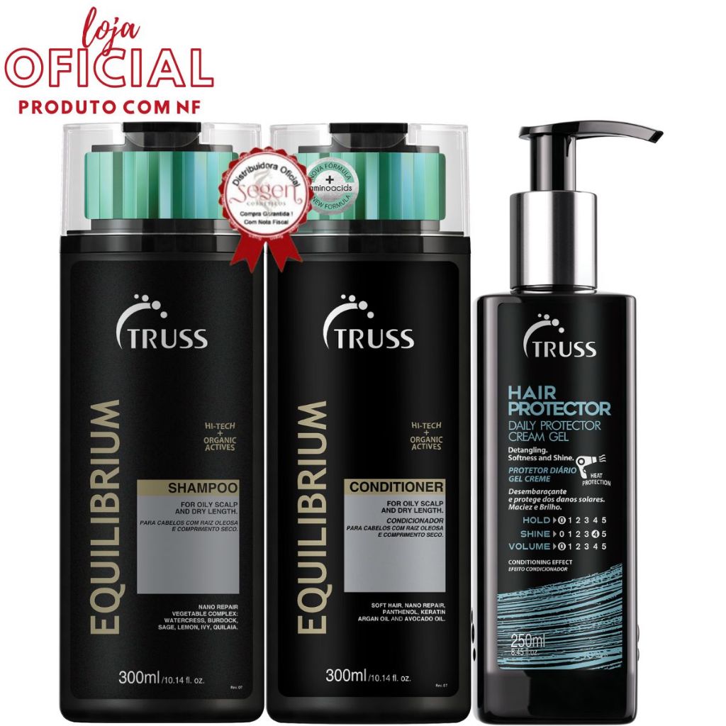 Truss Kit Hair Protector 250ml com Condicionador e Shampoo Equilibrium ...