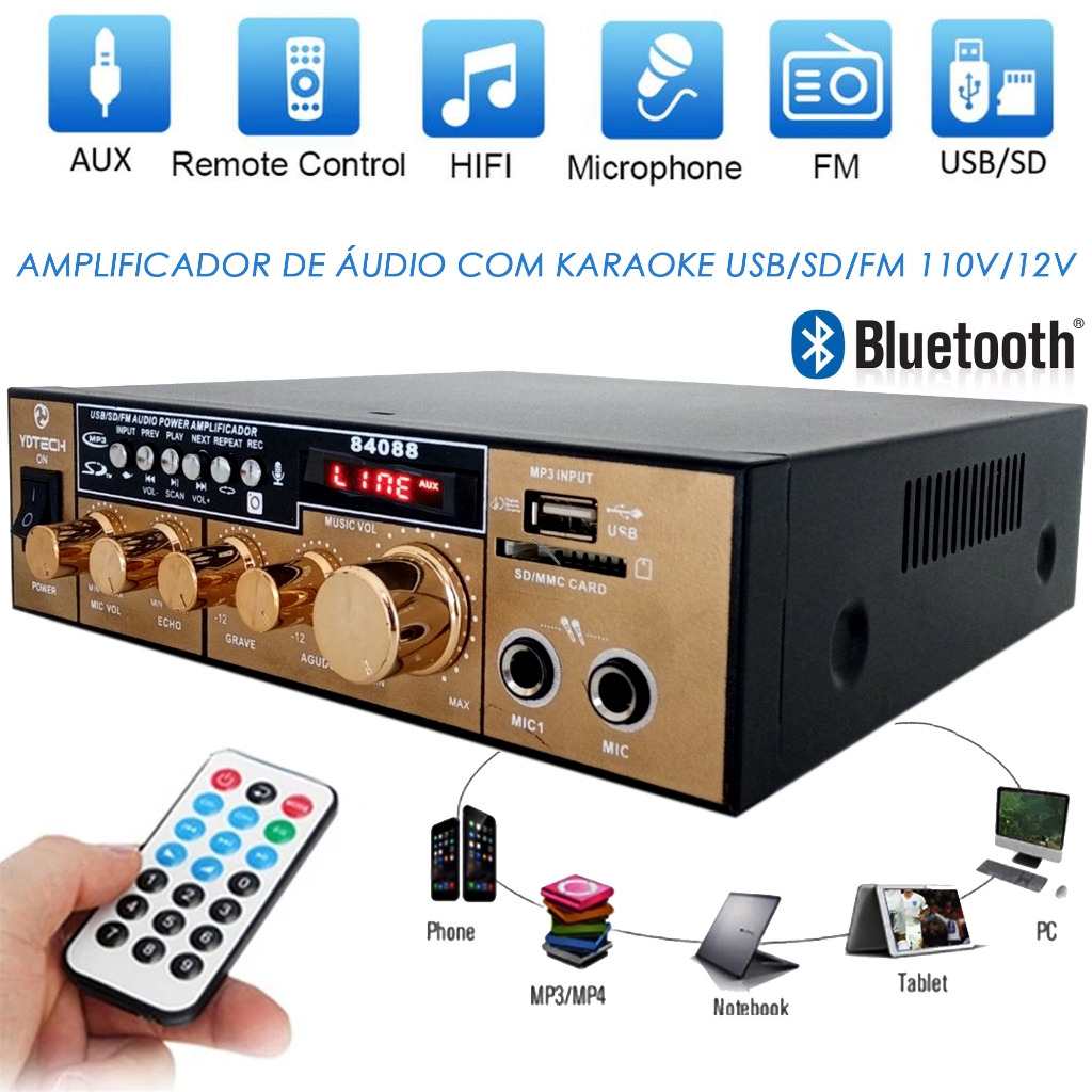 Amplificador de Som Bluetooth USB FM Sd Cardo Com Display LCD 110v/12v com Karaokê Receiver ...