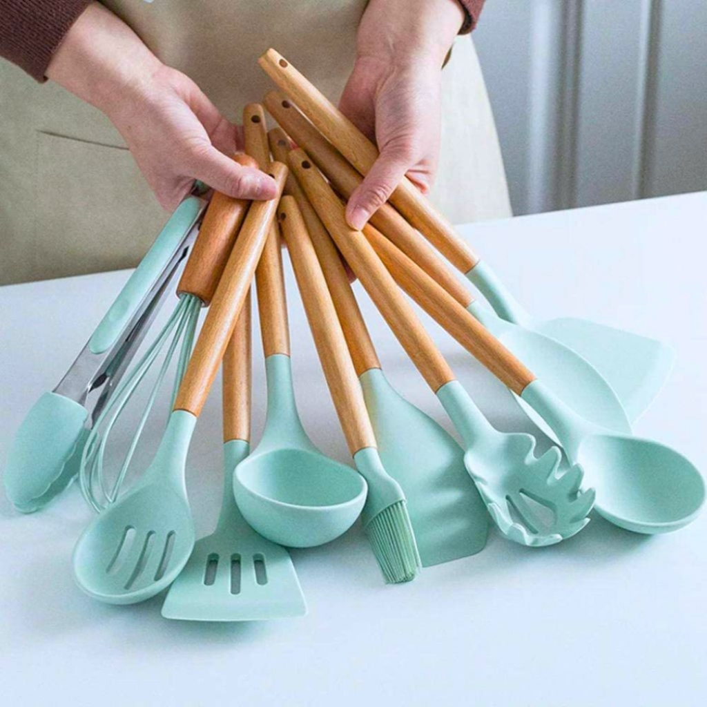 Kit Jogo C/12 Peças Utensílios De Cozinha Colheres Espatula Silicone ...