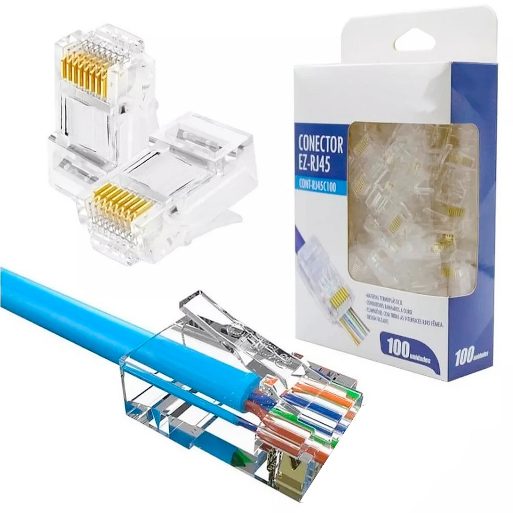 Kit 100 Conector Conectores Rj45 Internet Ethernet Cat5e Cat5 Ouro ...