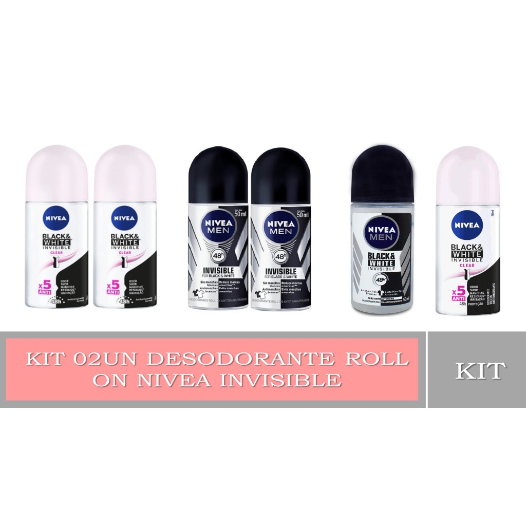 Kit 02un Desodorante Antitranspirante Roll On Nivea Invisible Black & White 50ml (Escolha o seu ...