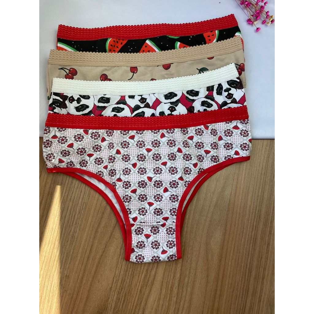 Kit C/4 Calcinha estampada de algodão confort cós frizado Plus size ...