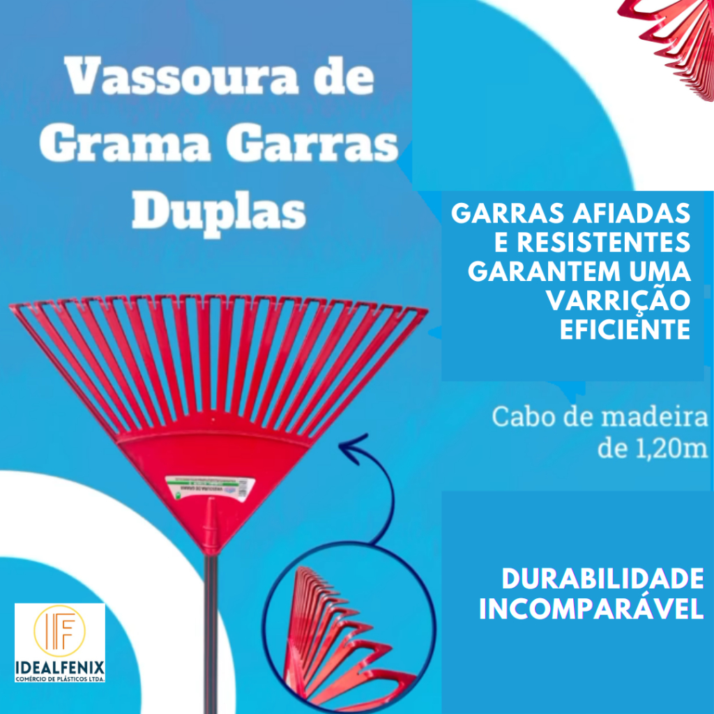 Vassoura Grama Garra Dupla Jardim 17 dentes + CABO BICOLOR VERMELHO ...