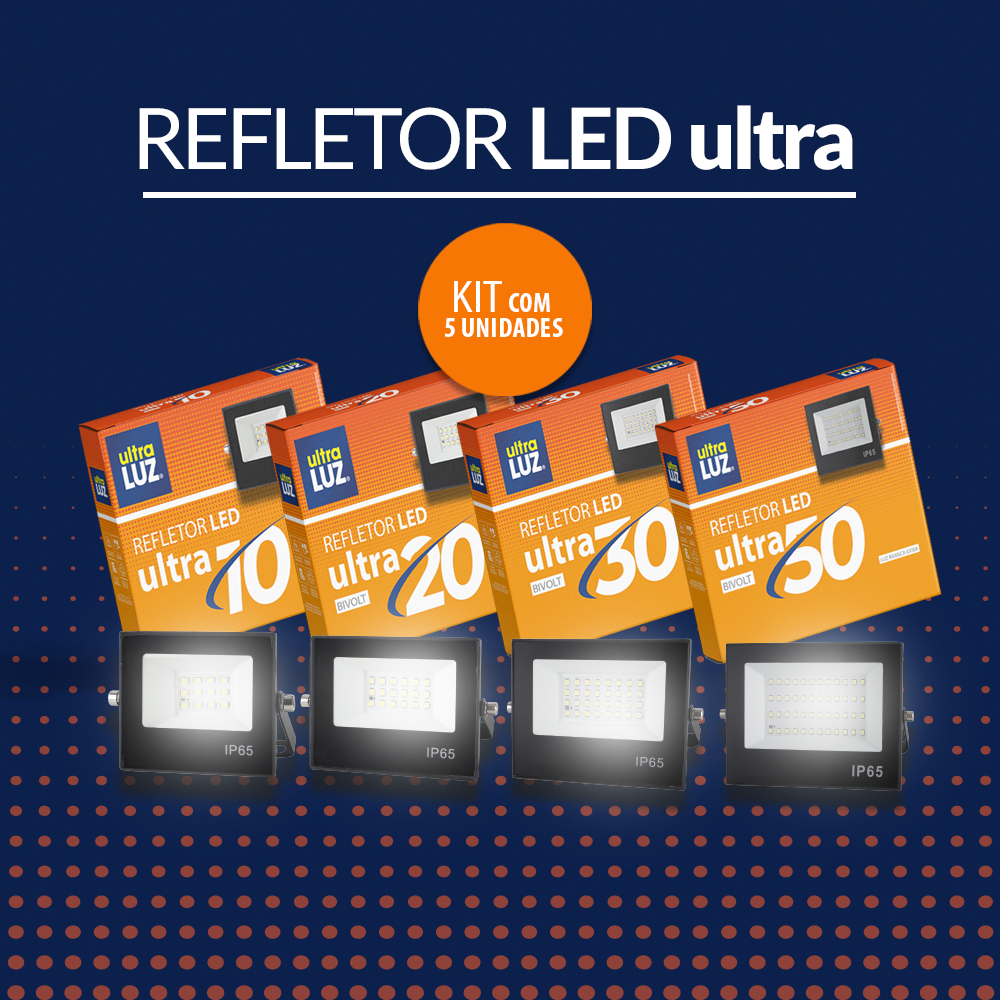 Kit 5 Unidades Refletores Holofote LED 10W, 20W, 30W e 50W Branco Frio 6500K Bivolt - Ultraluz ...