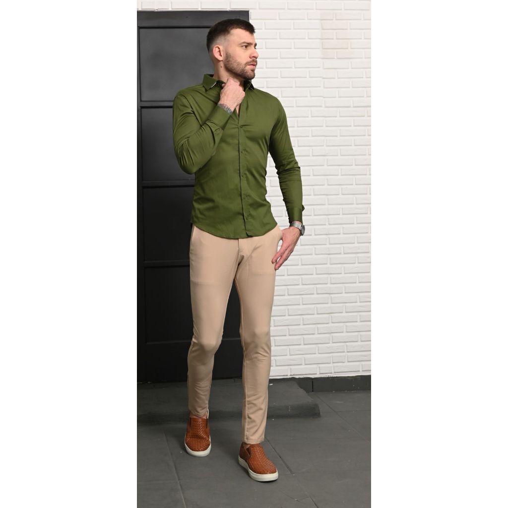CAMISA SOCIAL VERDE MILITAR MASCULINA ALGODAO COM ELASTANO SLIM FIT ...