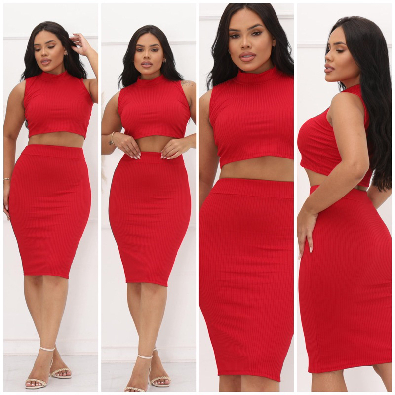 Conjunto Canelado Croppet e saia MIDI | Shopee Brasil
