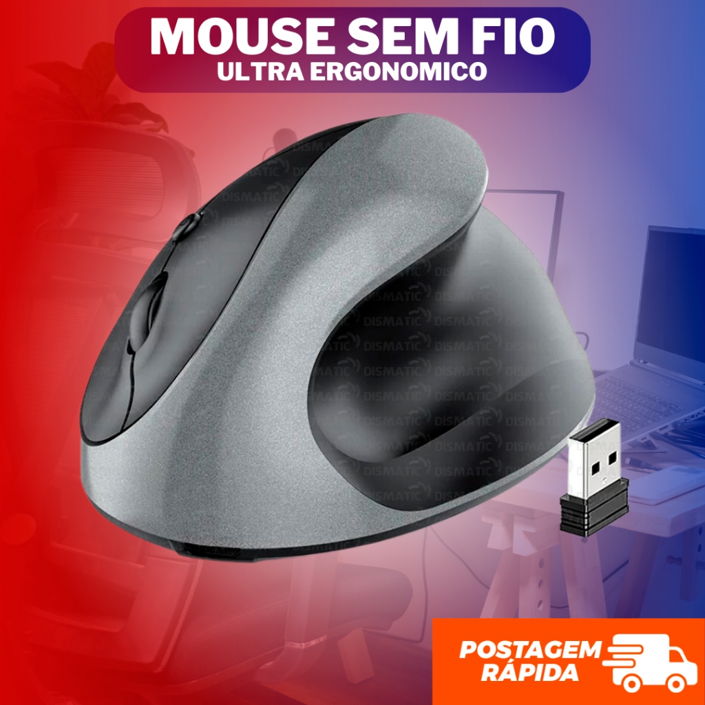 Mouse Vertical Sem Fio Ergônomico Previne Dores Reduzir Dor no Braço ...