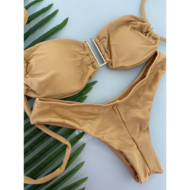 Biquíni Meia Taça Com Detalhe Dourado Luxo Calcinha Fio Duplo Semi Fio