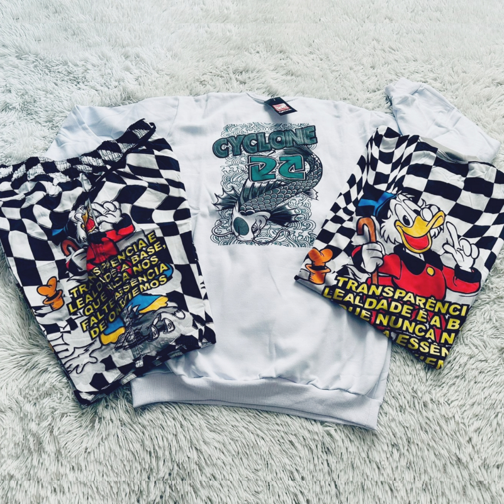 Kit Blusa de Moleton Branco Cyclone, Bermuda e Camiseta de Quebrada ...