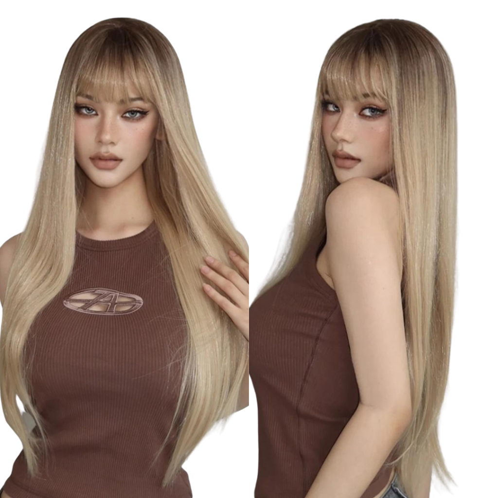 Peruca Lisa Com Franja Fibra Orgânica Natural 70cm + Wig Cap | Shopee ...
