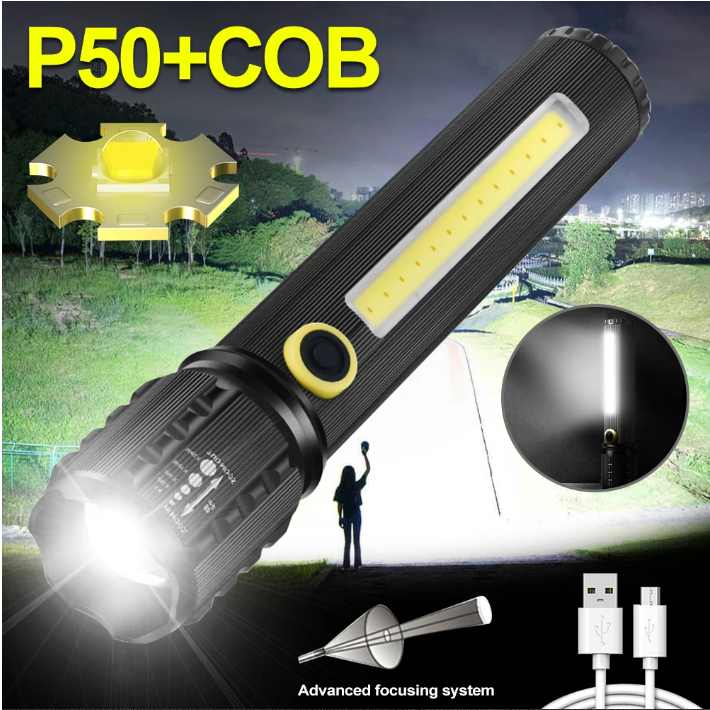 Lanterna Tática Militar Led P50 + Cob USB Recarregável Com Ajuste de Zoom Prova Dagua IP55 ...