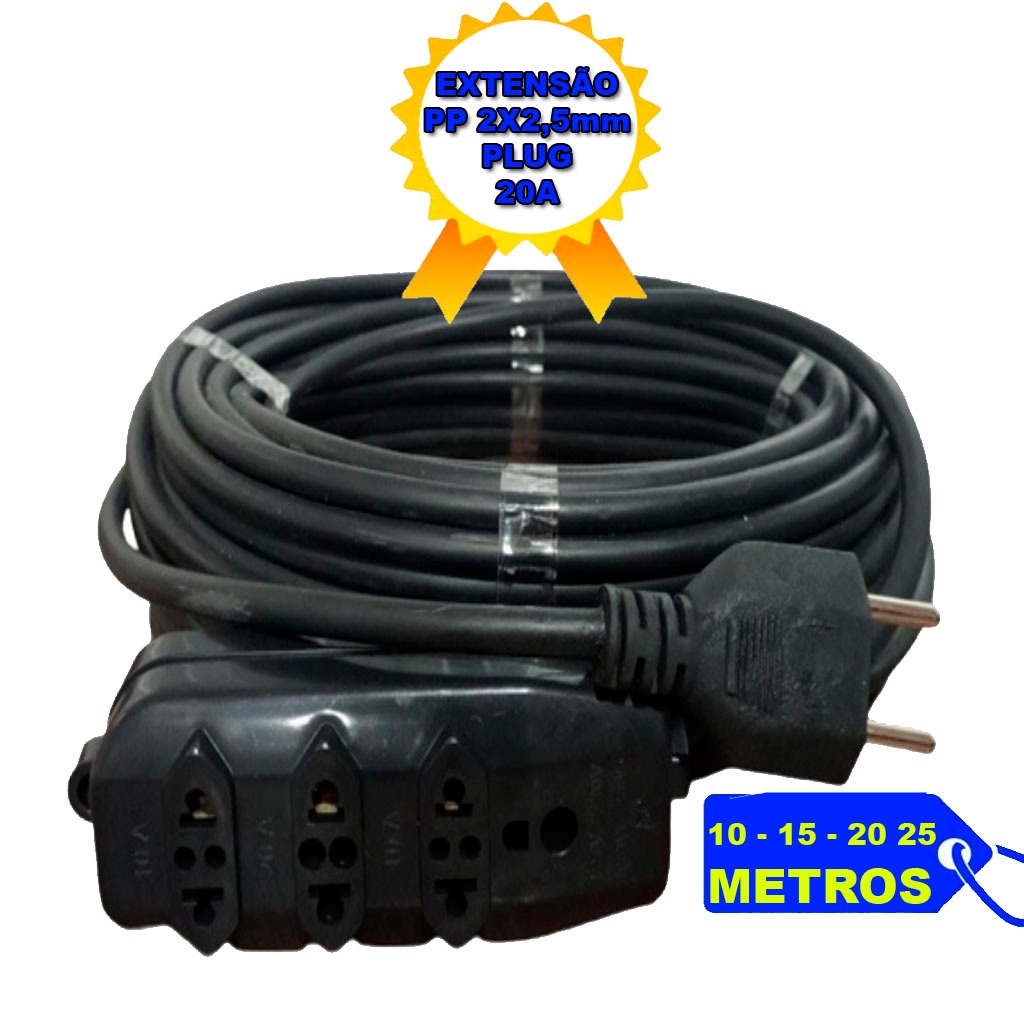 Extensão Elétrica 10 15 20 e 25 Metros Com Cabo PP 2x2,5mm Plug 20A | Shopee Brasil