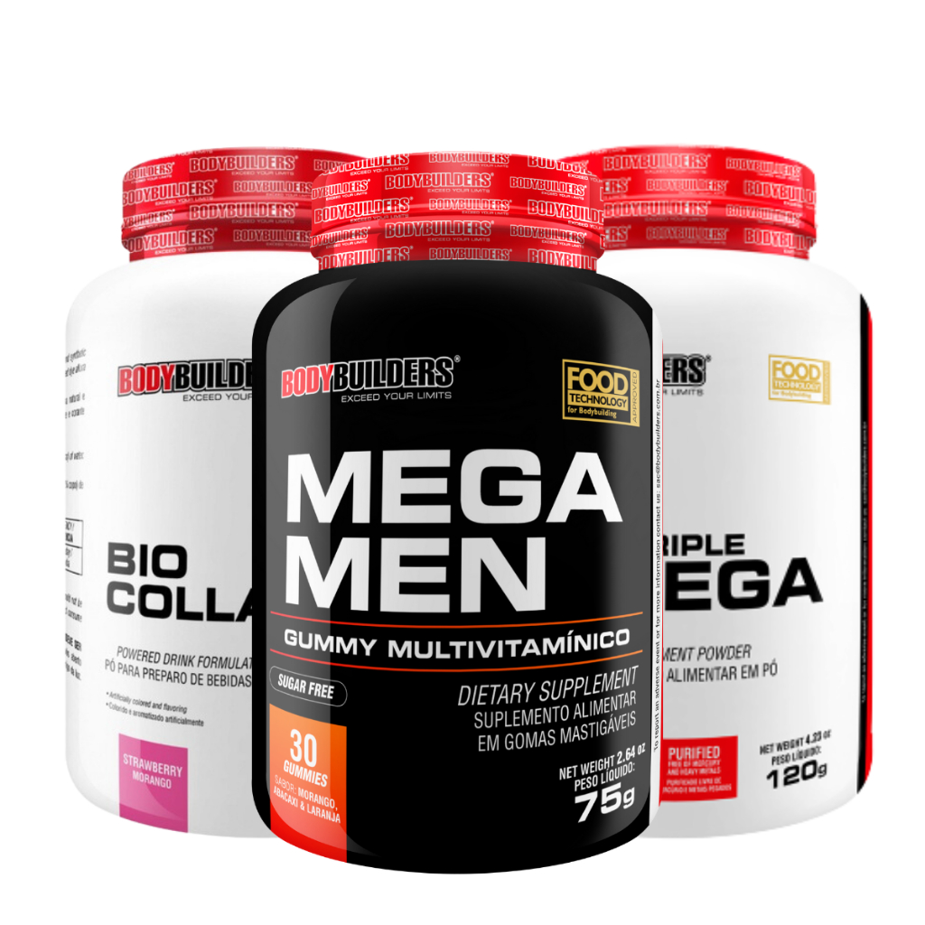 Kit Bio Collagen 200g + Mega Men 30 Cáps + Triple Ômega 120 Cáps ...