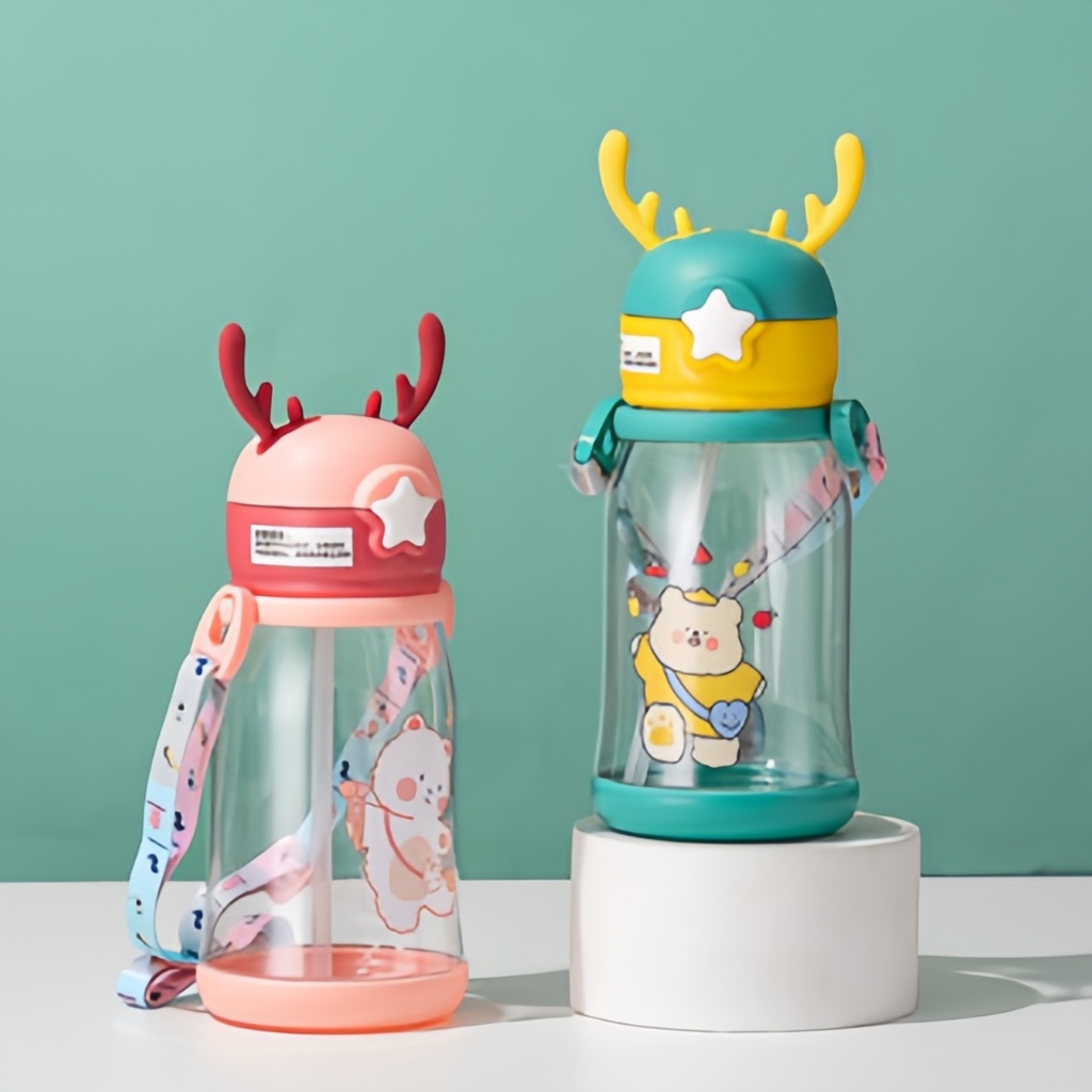 Garrafa Água Infantil Personagens Chifrinhos ALCE 600ml c/ Canudo e ...