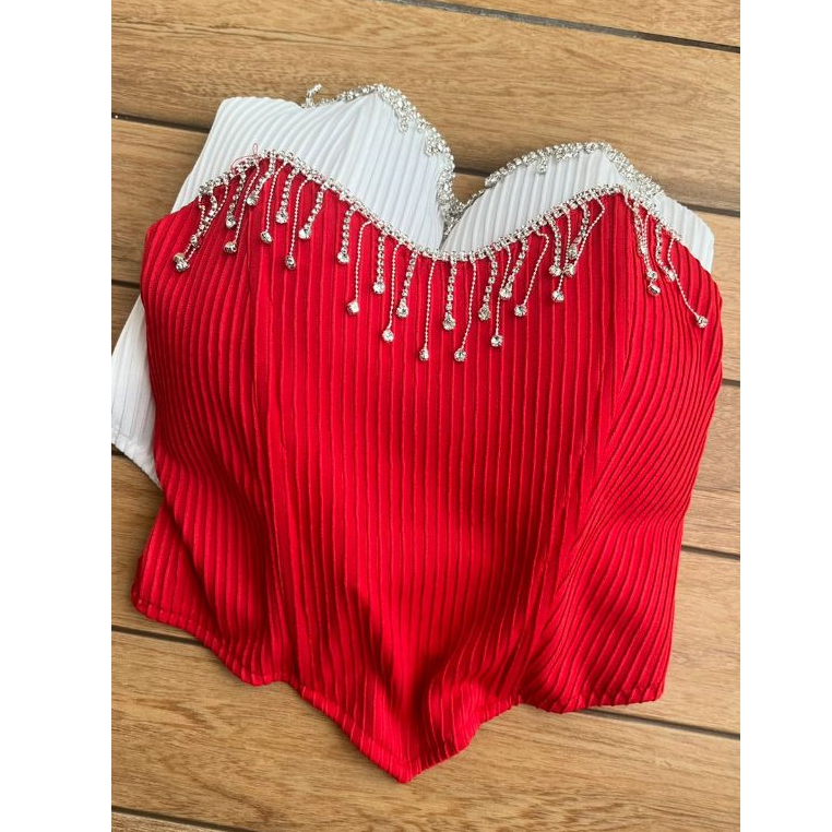 Cropped tomara que caia pedraria franja strass brilho luxo | Shopee Brasil