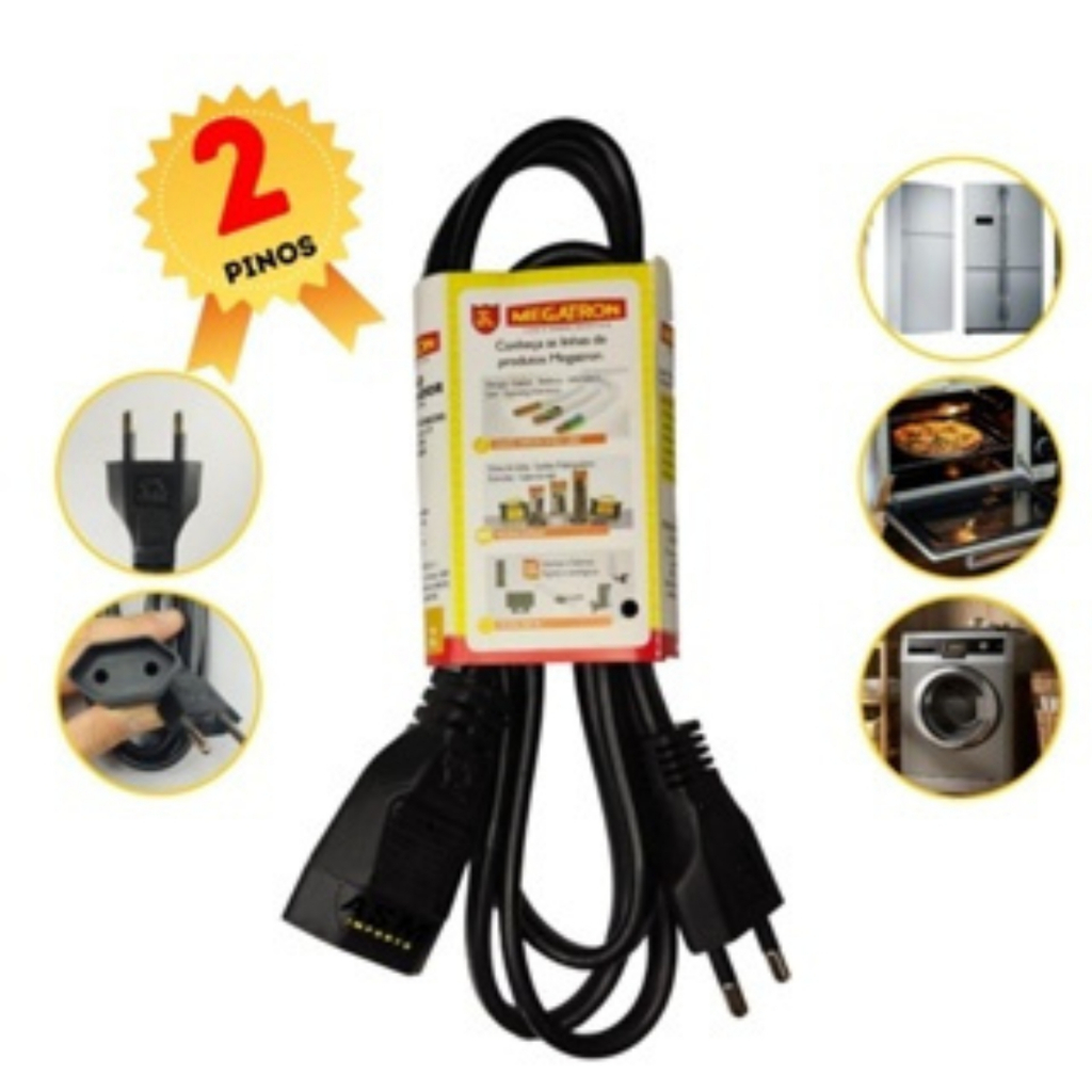 Extensão Elétrica 20A 3 Pinos e 2 Pinos p alta potencia Cordão prolongador curvo 1,5 Metros ...