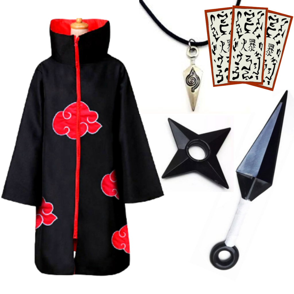 Manto Da Akatsuki Kit Ninja + Colar Kunai Fantasia Naruto Gola Dura ...