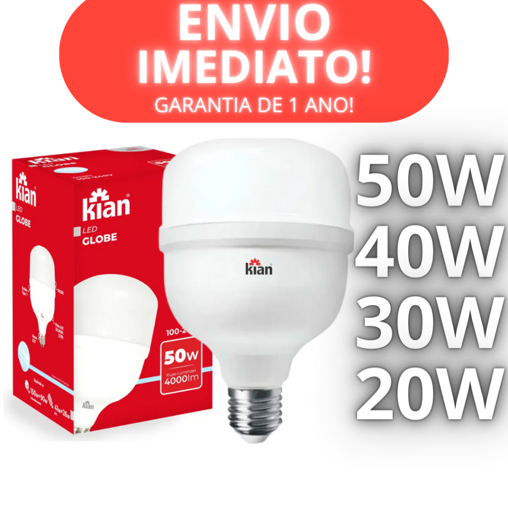 Lâmpada Led Super Bulbo 9w, 20w, 30w, 40w, 50w E27 Bivolt 6500K Branco Frio Alta Potência (1 Ano ...
