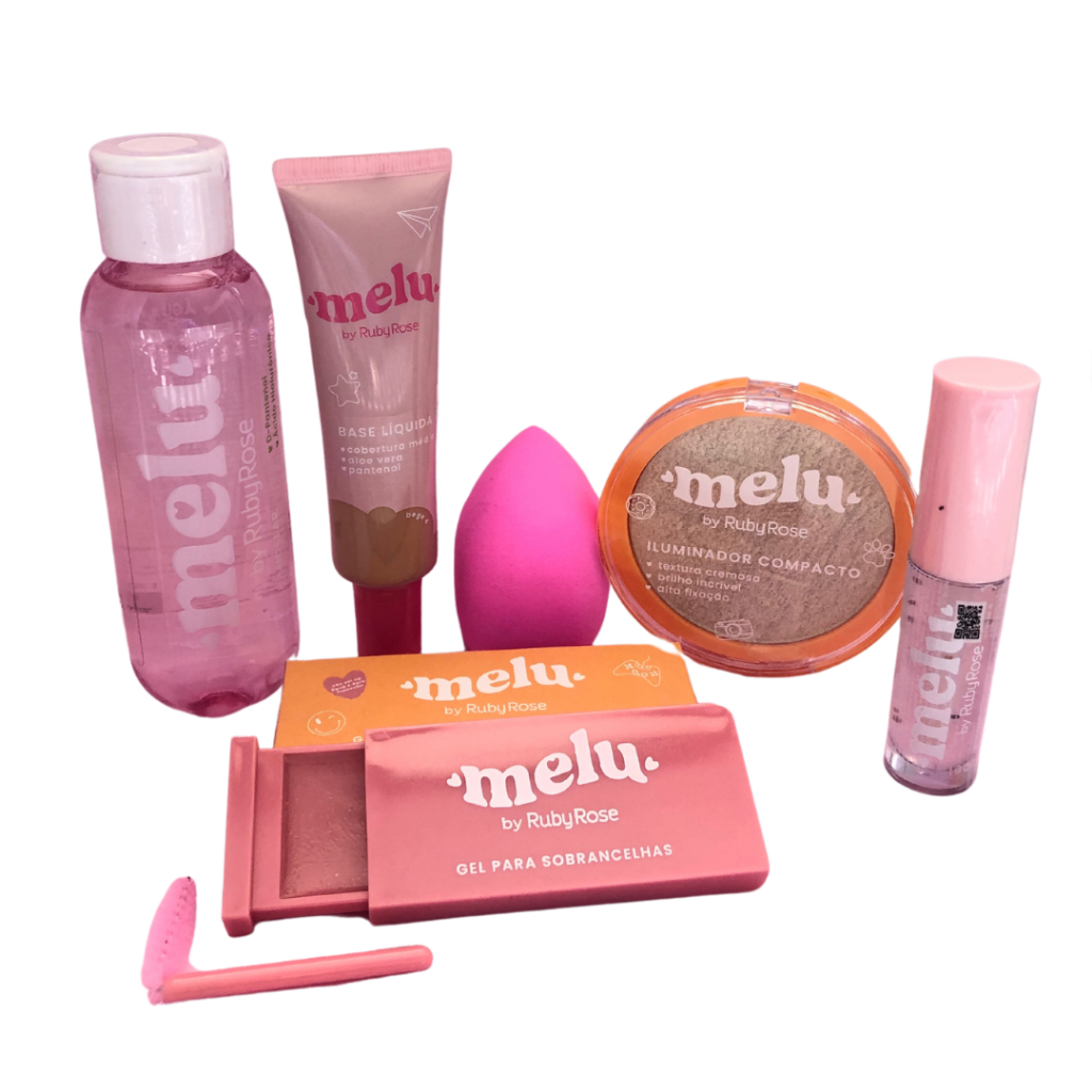 kit Maquiagem 6 Produtos Melu Ruby Rose Base Iluminador Esponja Facial Gel Modelador Sobrancelha ...