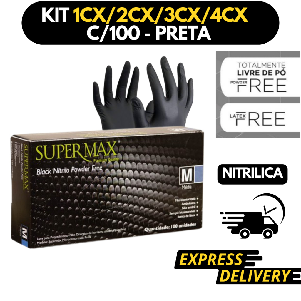 Luva Nitrilica Preta Descartável Procedimento Resistente Sem Pó C/100 Unidades Anvisa Nitrílo ...