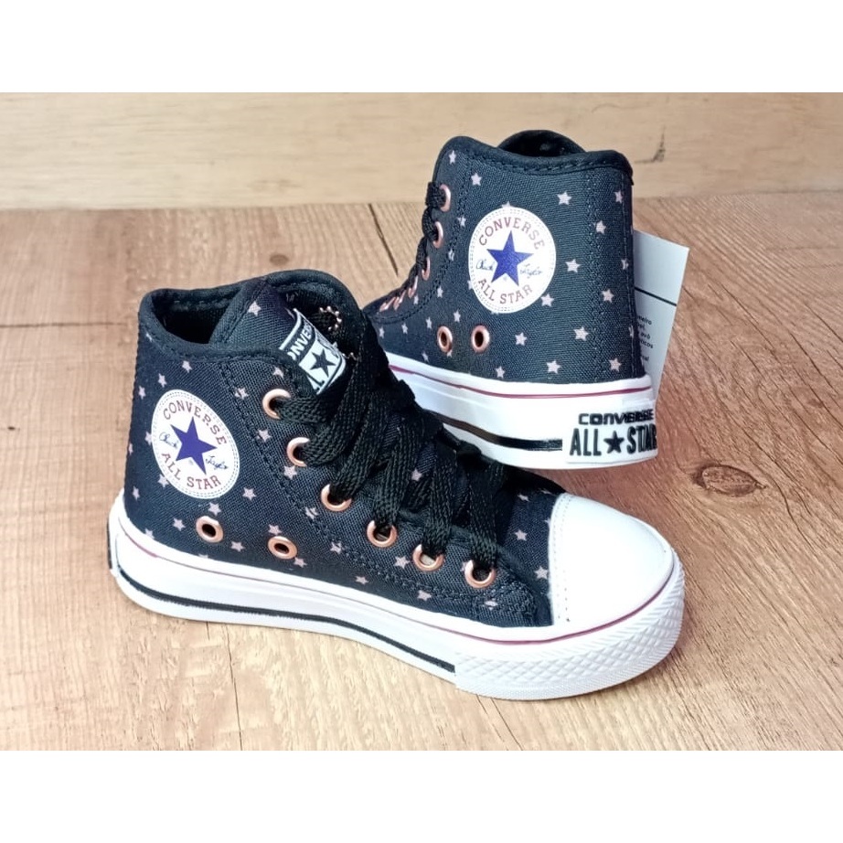 all star e cano alto converse infantil feminino preto estrelas douradas ...