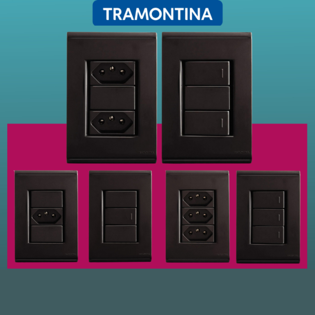 Tomadas 10a 20a Interruptores Teclas Placas 4x2 e 4x4 Linha Liz Grafite Tramontina Preto - Faz a ...