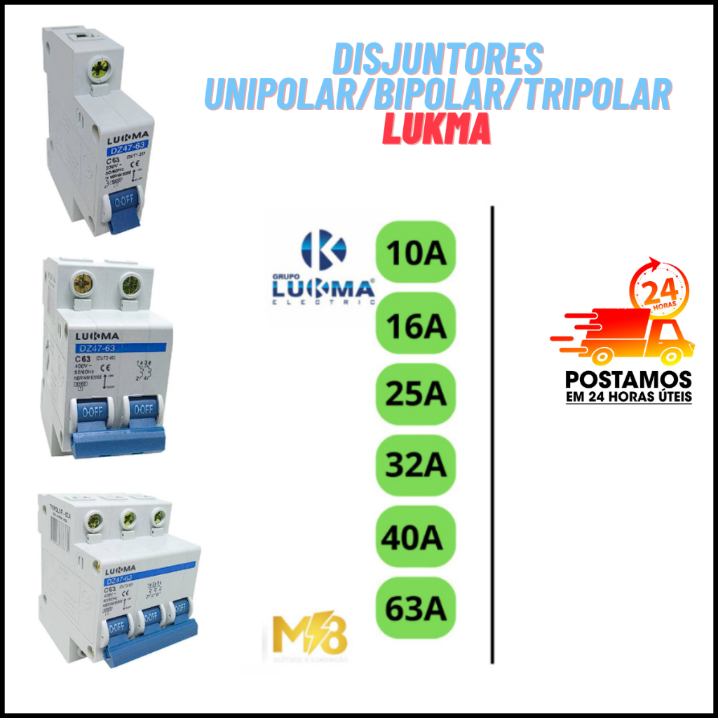 Disjuntor Unipolar Bipolar Tripolar Lukma Din 10a 16a 20a 32a 40a 50a 63a Curva C Inmetro ...