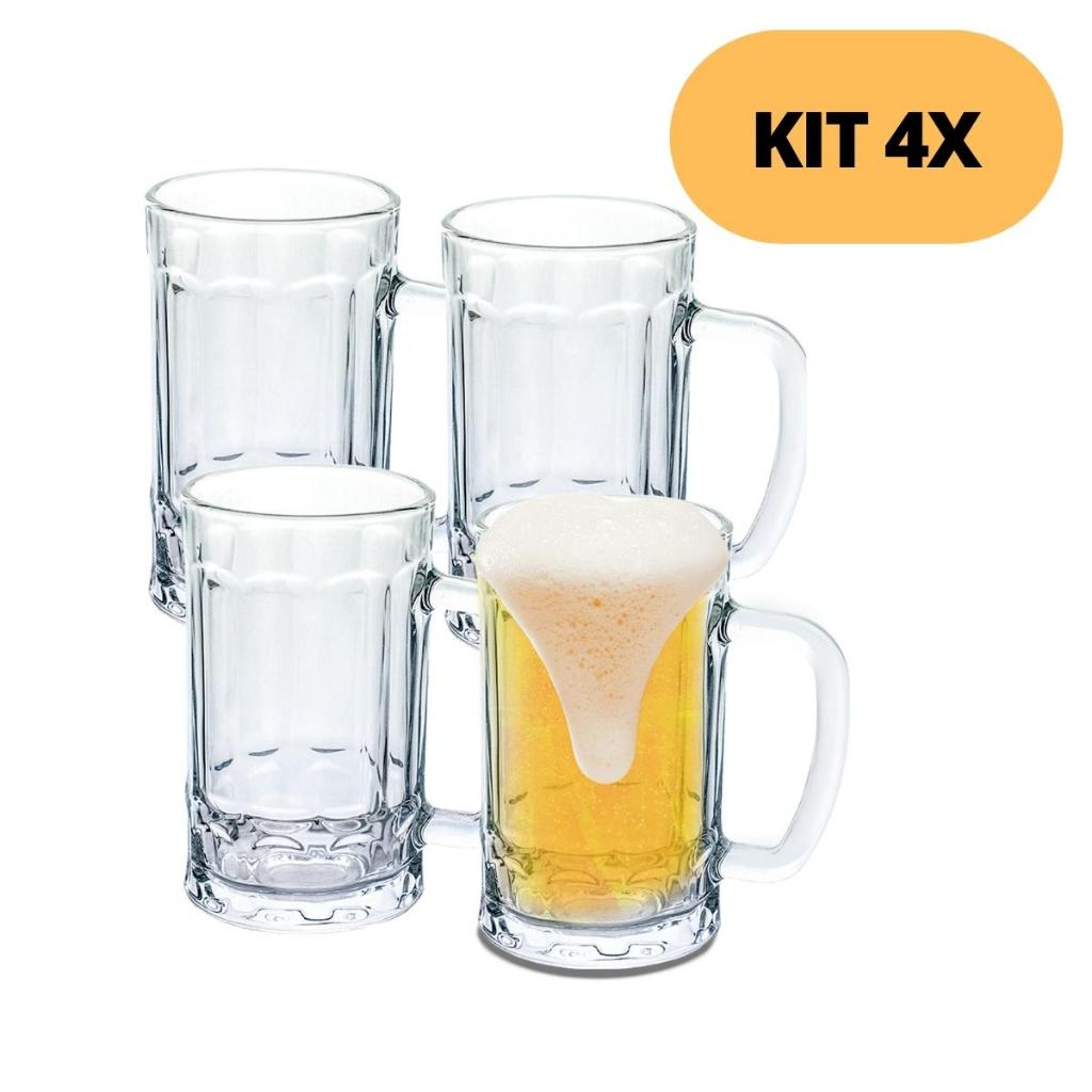Kit 4X Unidades Caneca de Chopp Vidro 390 ml Conjunto Copo de Cerveja Canecas para Beber ...