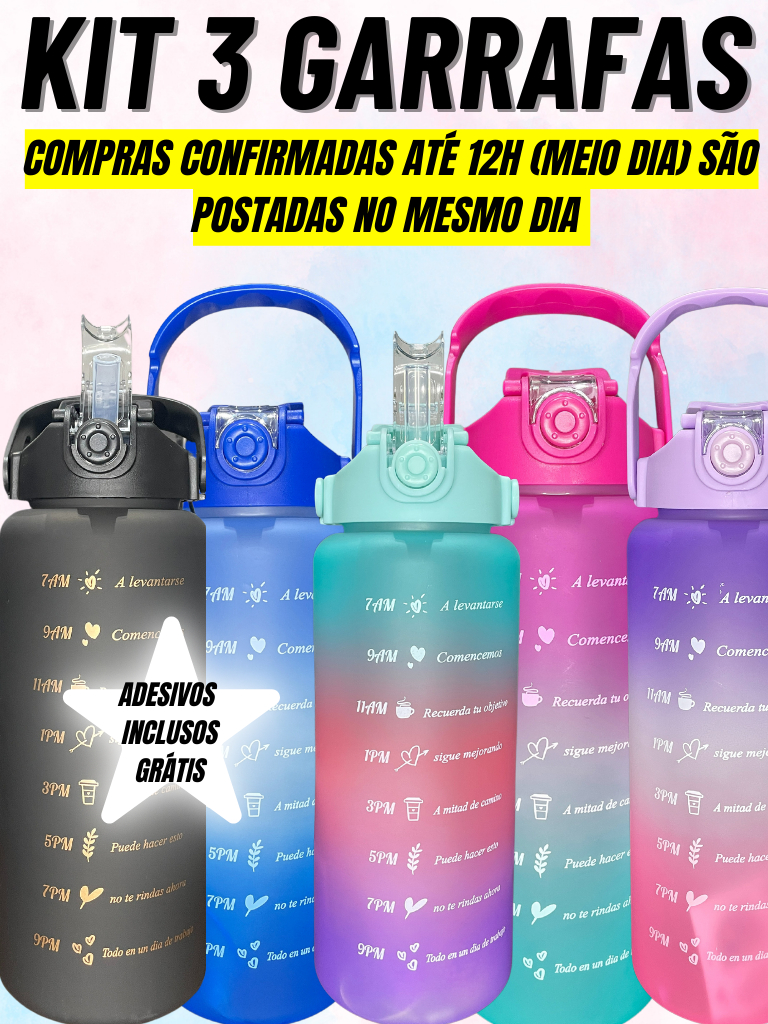 Kit 3 Garrafas de Água Squeeze Motivacional Academia Com Adesivos 2L 900ml e 300ml ENVIO ...