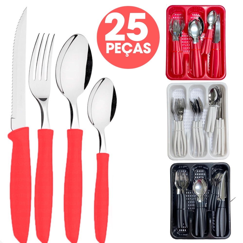 Jogo De Talheres Inox Com 25 Peças + Suporte Gaveteiro Porta Talher ...