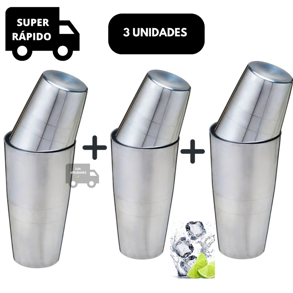 Kit 3 Coqueteleira Boston Em Inox Profissional 820ml 2 Copos Para Barman Bartender Drinks Festa ...