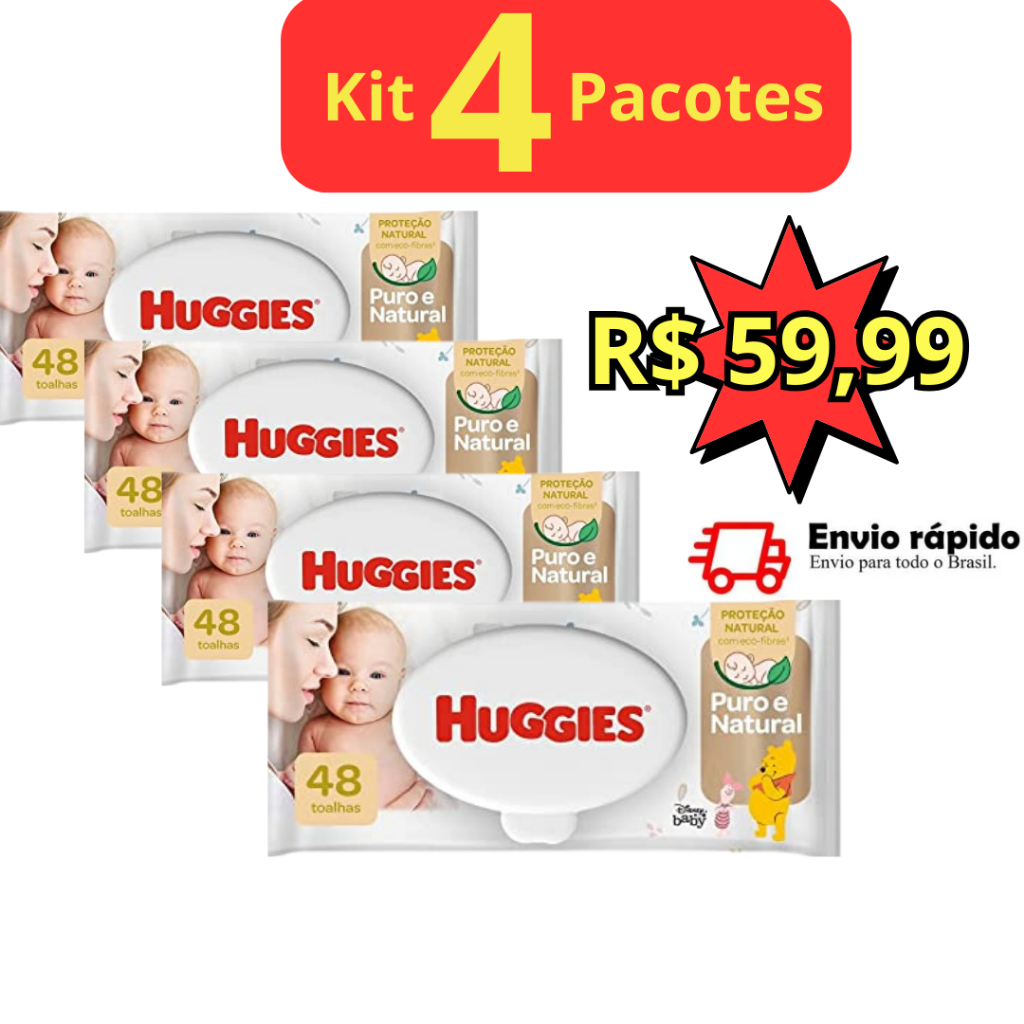 Kit com 4 Pacotes de Lenço Umedecido Huggies Puro e Natural 192 ...