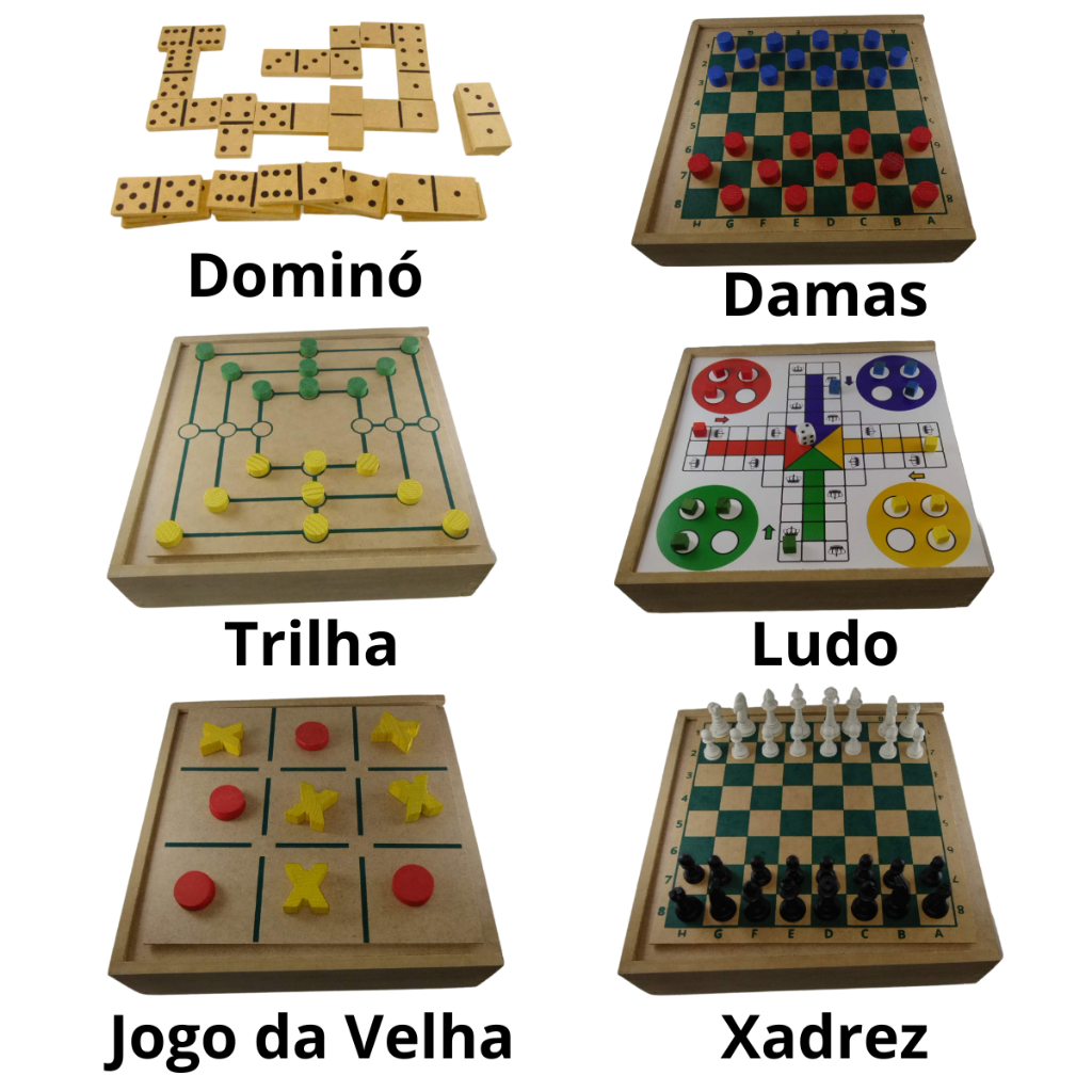 Kit Jogos Tabuleiro Xadrez Dama Ludo Trilha Jogo da Velha Dominó Jogo ...