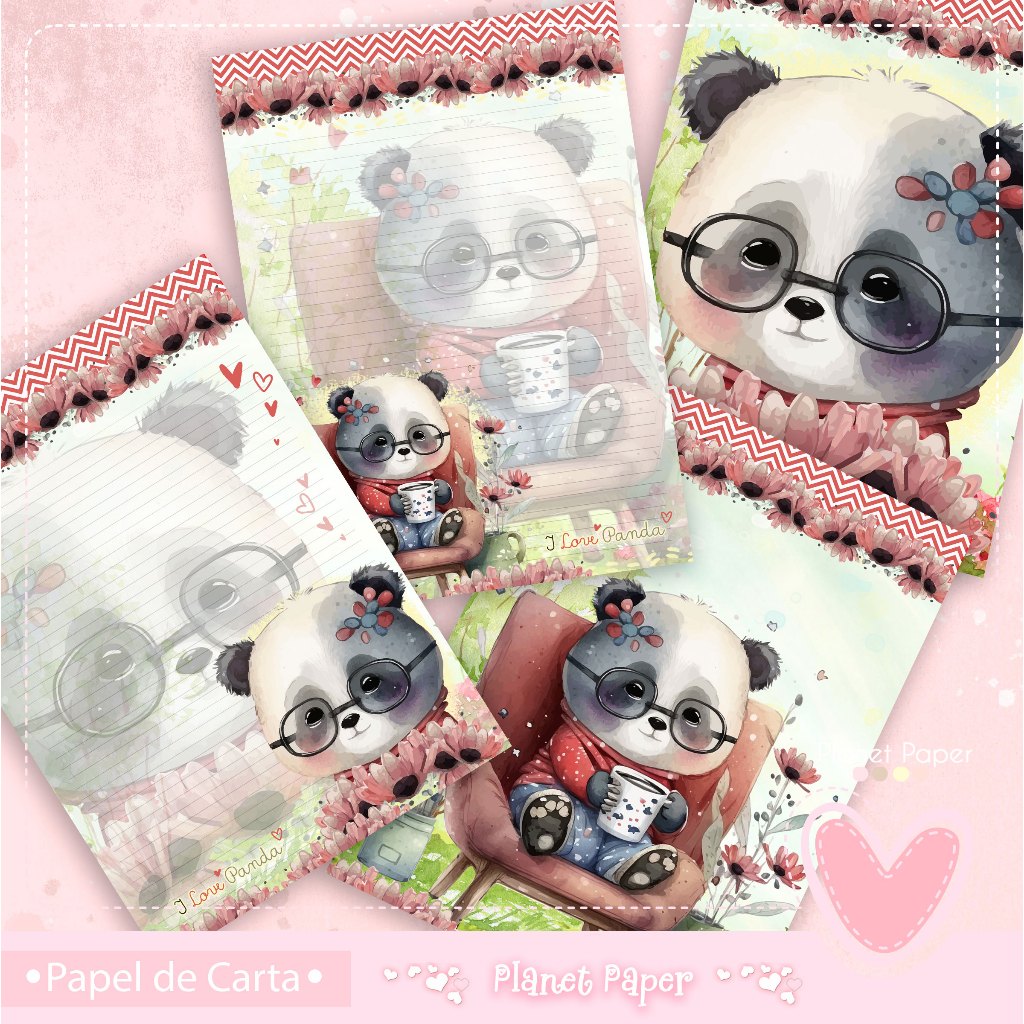 Papéis de carta Panda (4 Modelos) Ilustrado e Pautado | Shopee Brasil