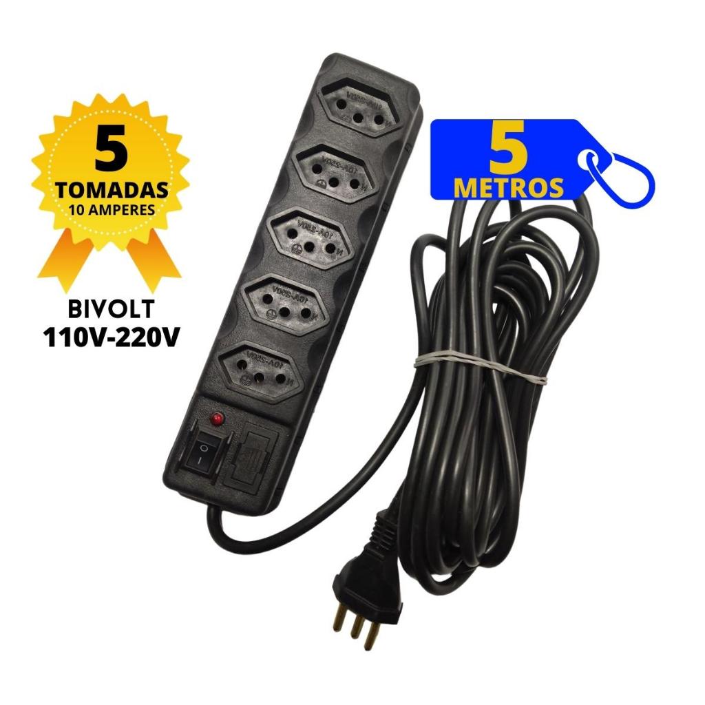 Filtro de Linha 5M Régua elétrica 5 Tomadas Cabo 5 Metros de fio Fusível 110v-220v - Escorrega o ...