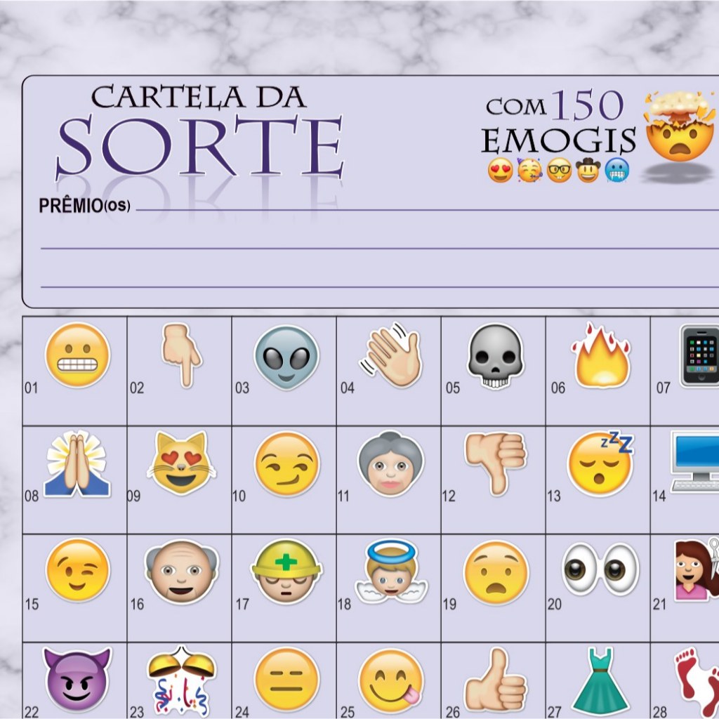Rifa de EMOJIS 25 à 150 (Envio Rápido) - Cartela em folha única - Papel ...